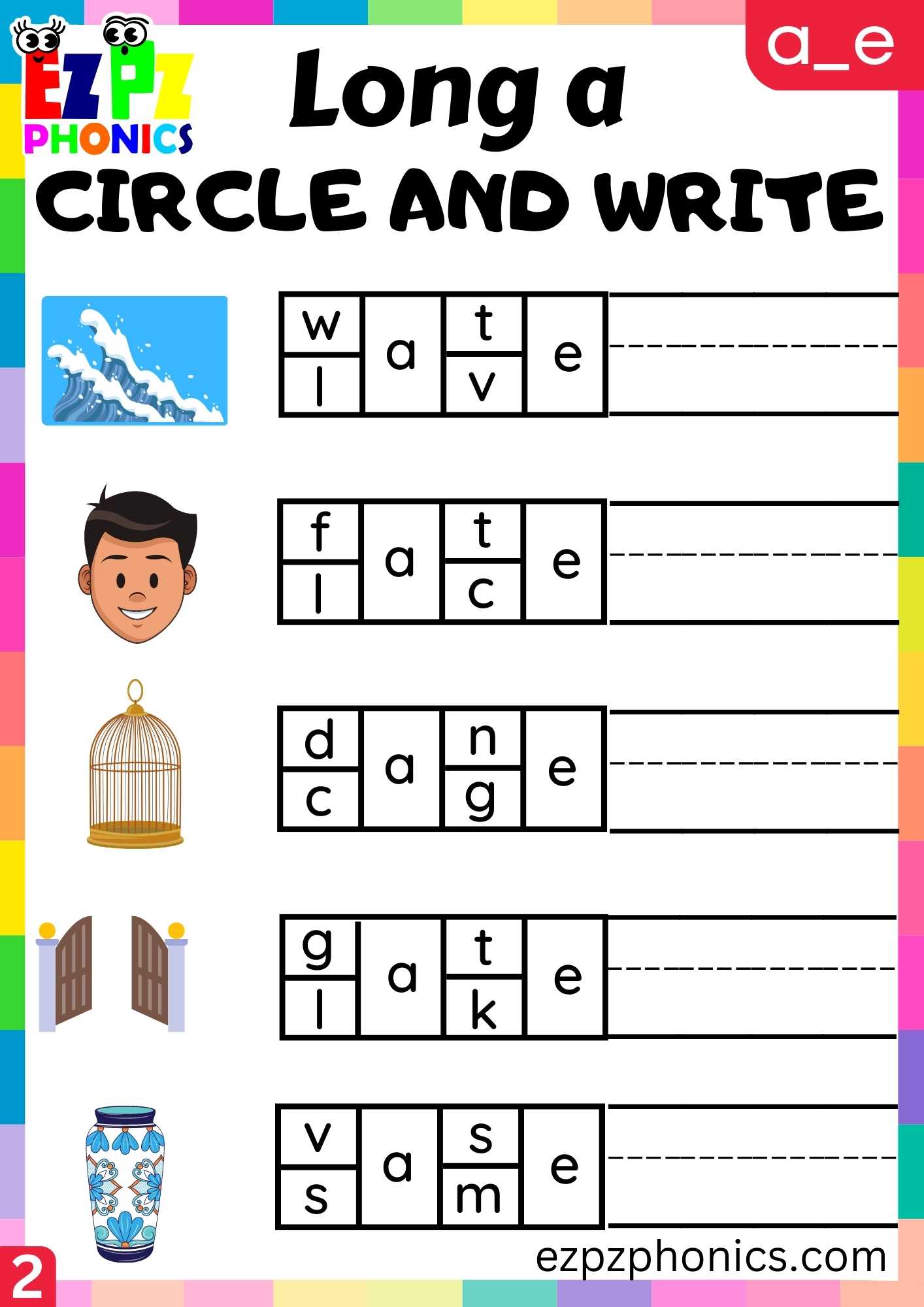 Group2 A_E Words Circle And Write Long A Phonics Worksheet - ezpzphonics.com